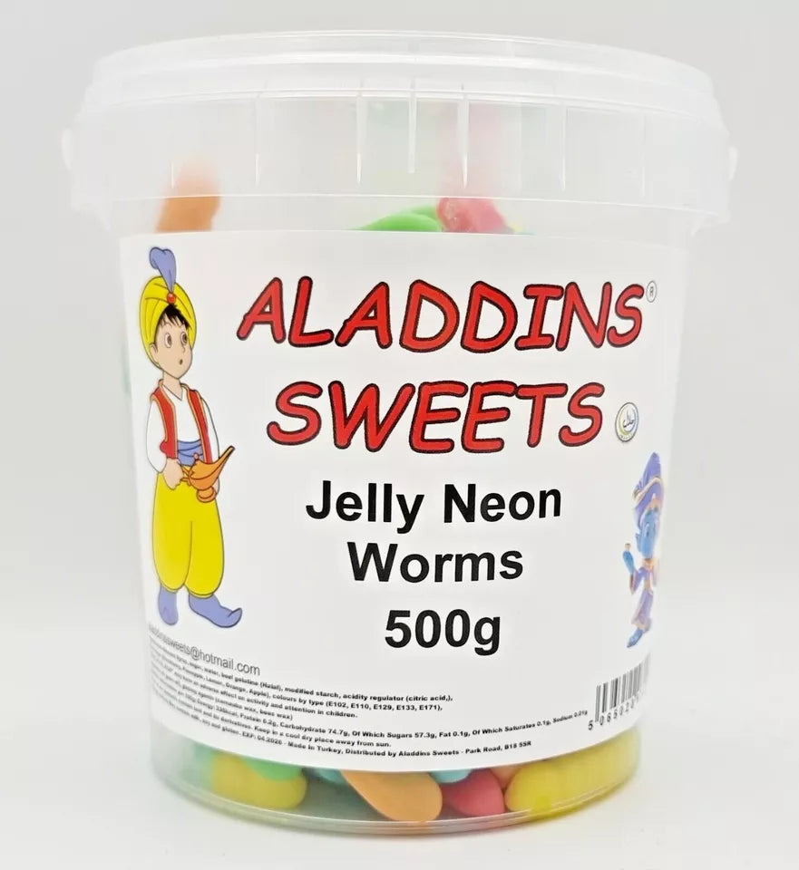 500g Jelly Neon Worms Jellies, Halal Aladdins Sweets Tub – aladdinssweets